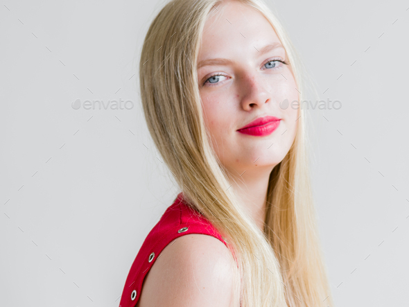 Nice Woman In Red Dress Blonde Short Hair Fashion Female Portrait Cute