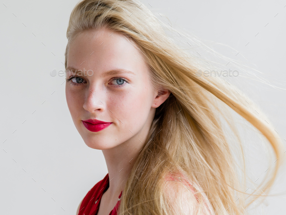 Nice Woman In Red Dress Blonde Short Hair Fashion Female Portrait Cute