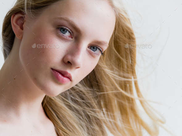 Beautiful blonde woman girl with long blond hair smooth and beauty in ...