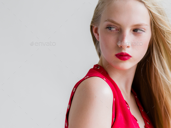 Nice Woman In Red Dress Blonde Short Hair Fashion Female Portrait Cute