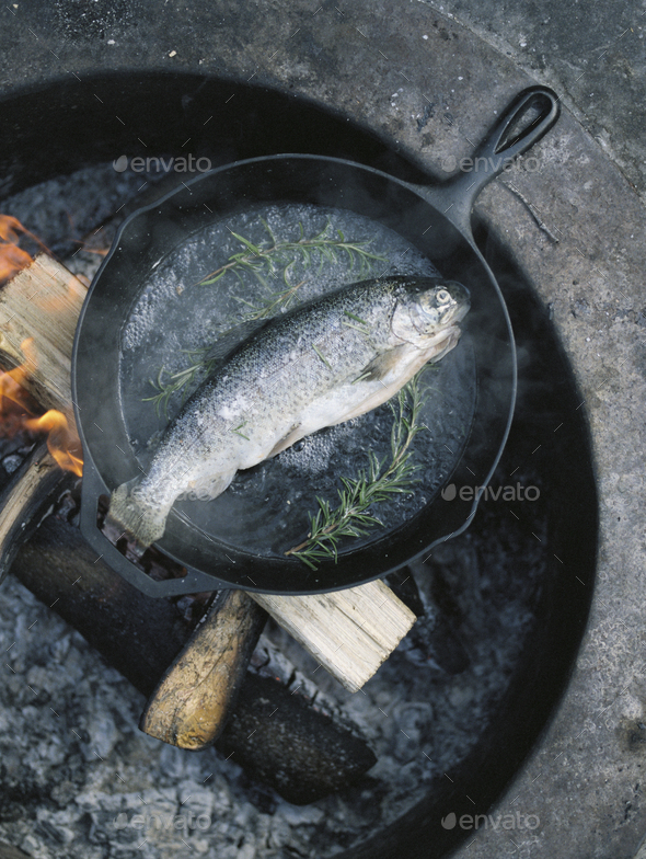 Fish in a frying pan over an outdoor fire. Stock Photo by Mint_Images