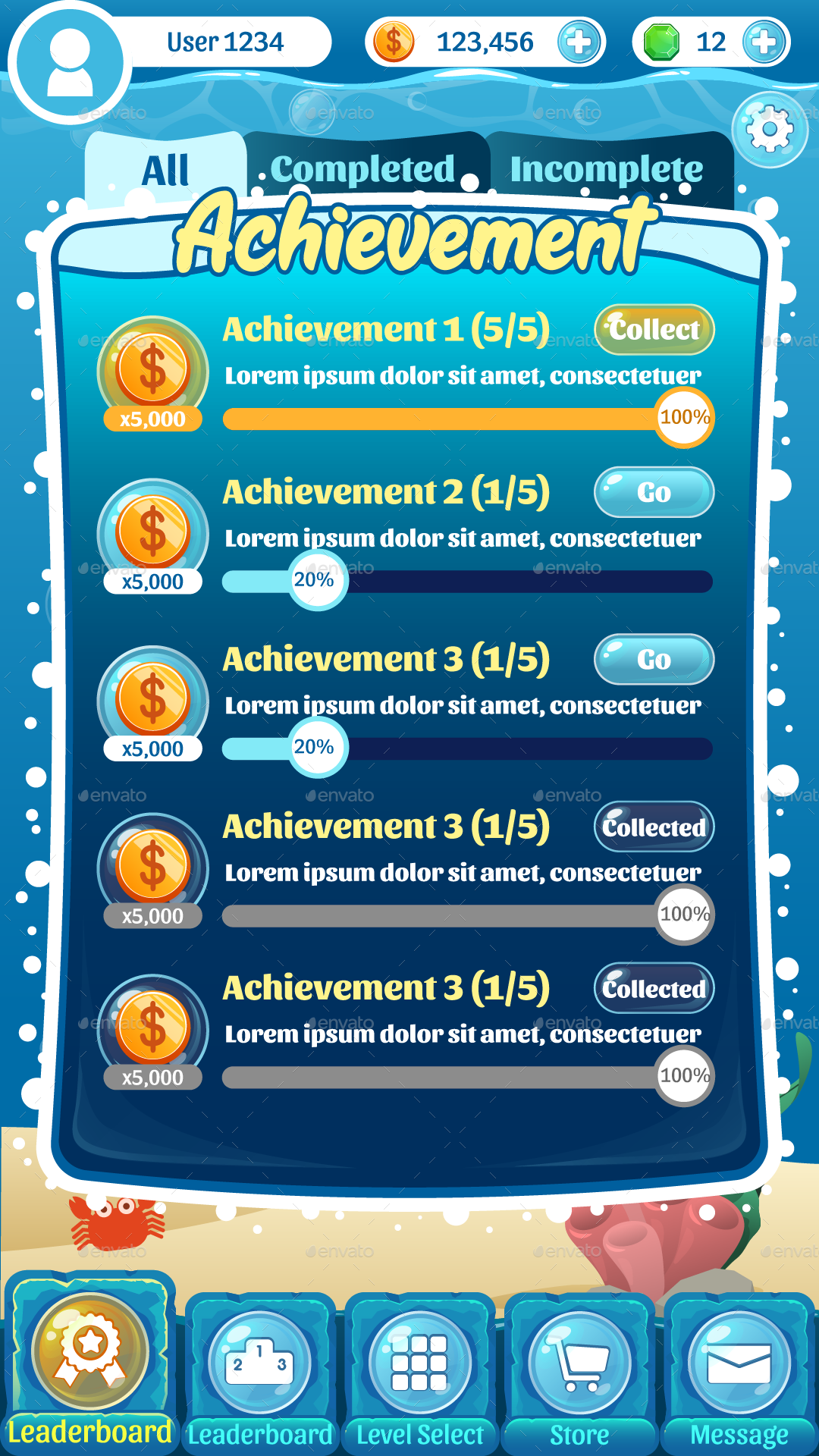 Ocean Theme GUI Pack 08, Game Assets | GraphicRiver