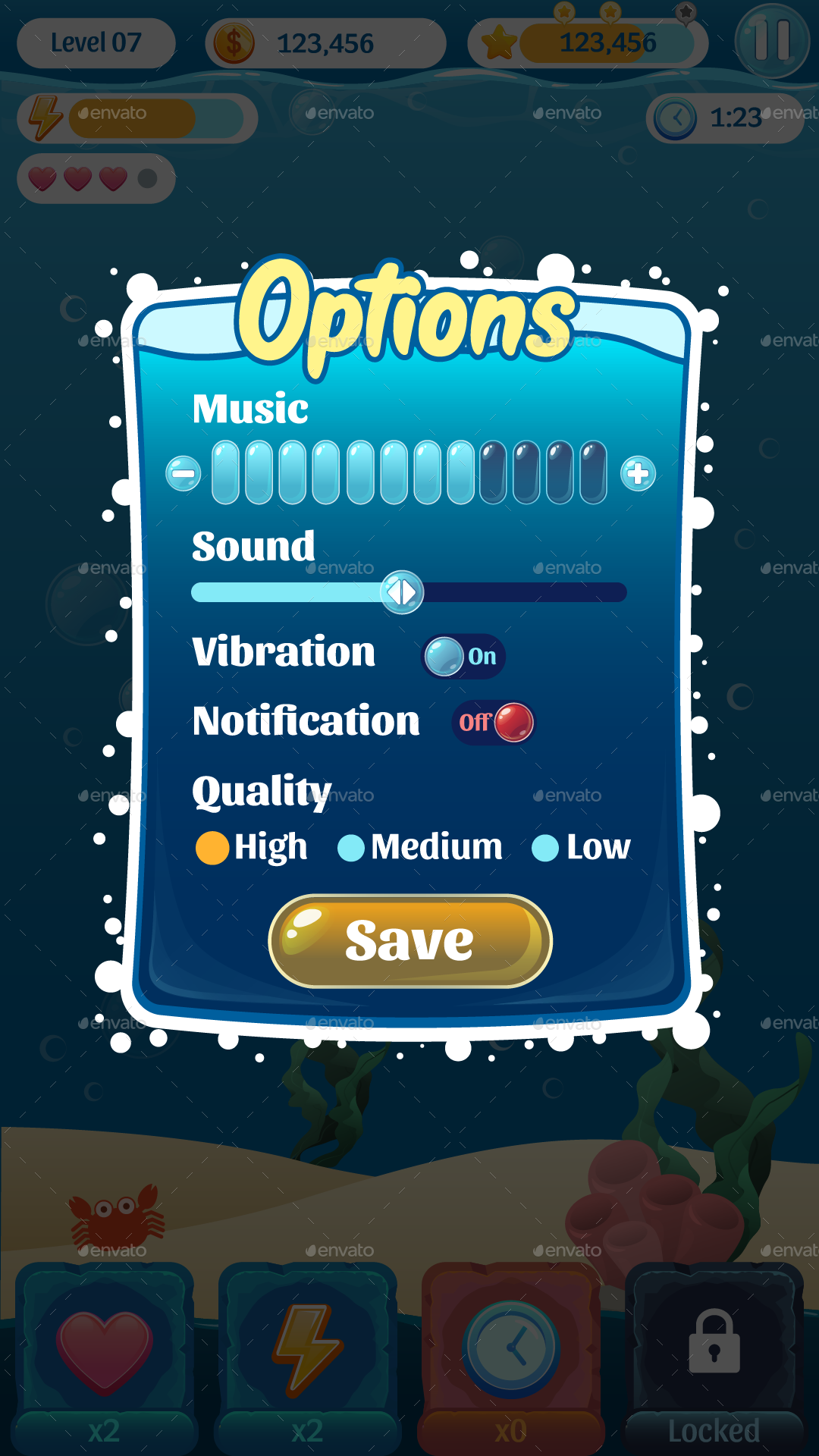 Ocean Theme GUI Pack 08, Game Assets | GraphicRiver