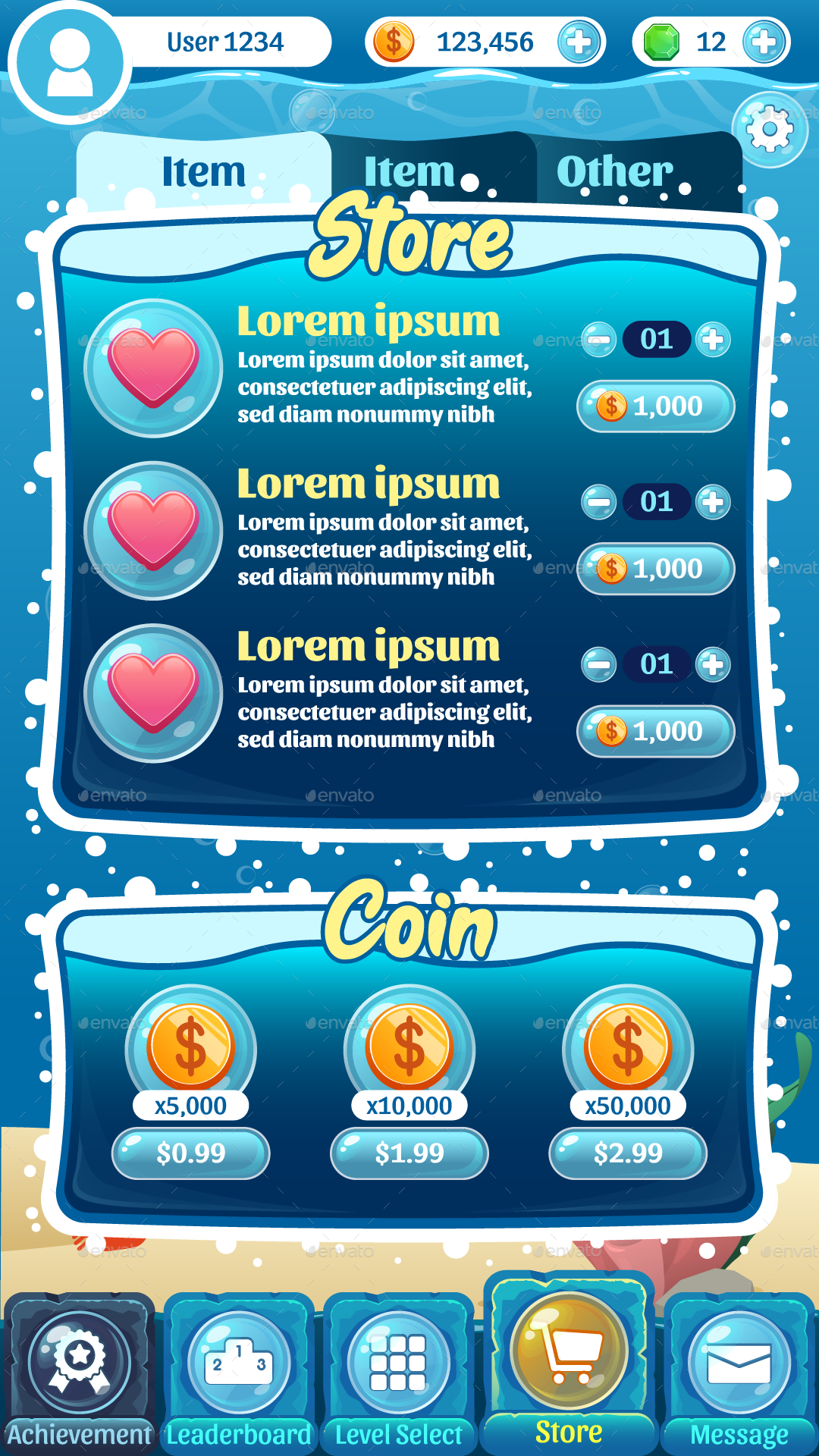 Ocean Theme GUI Pack 08, Game Assets | GraphicRiver