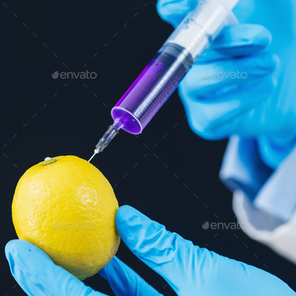 GMO Food Concept, Injecting a Substance into a Fruit Stock Photo by ...