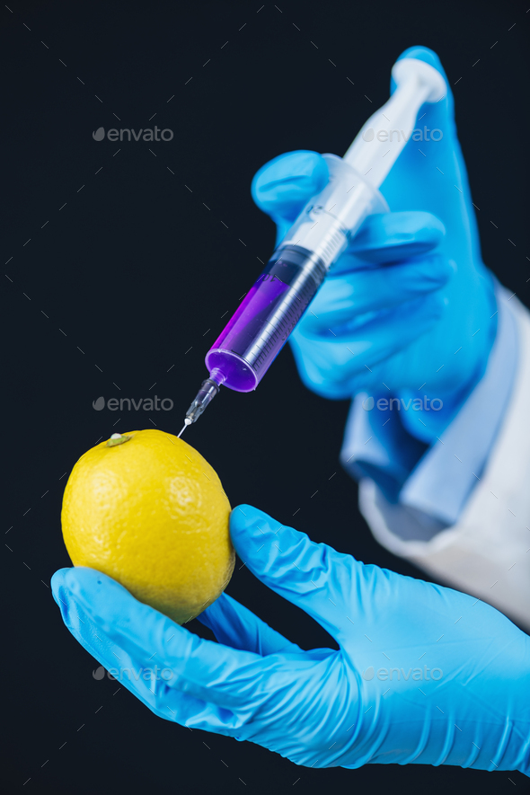 GMO Food Concept, Injecting a Substance into a Fruit Stock Photo by ...