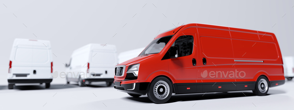 Red commercial van and fleet of white trucks. Transport. Transport and ...