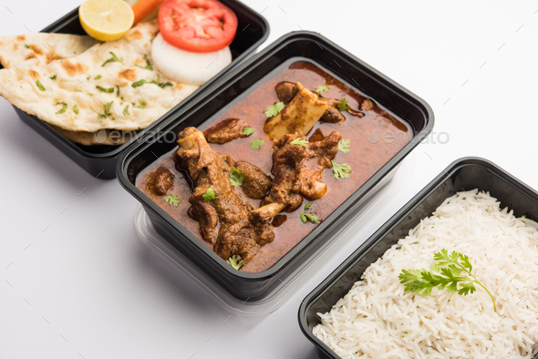 Mutton Masala Curry in plastic container for home delivery Stock Photo ...