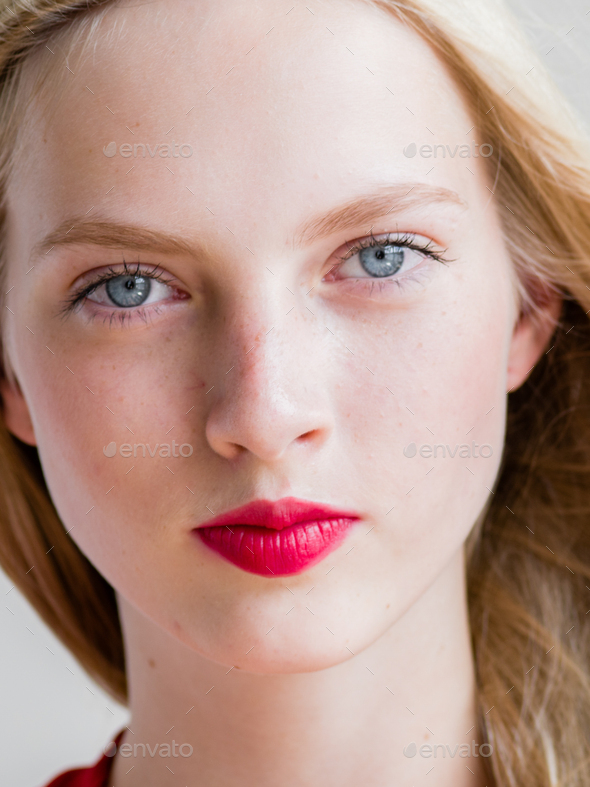 Nice Woman In Red Dress Blonde Short Hair Fashion Female Portrait Cute