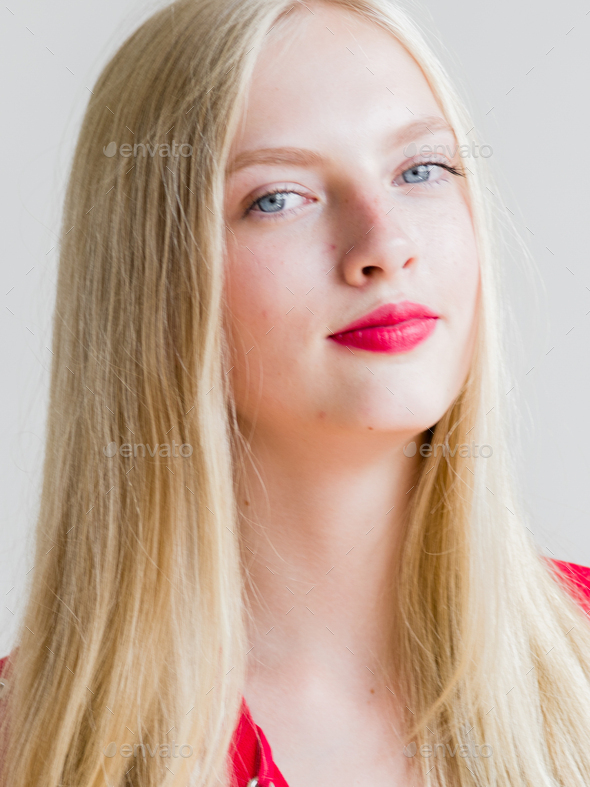 Nice Woman In Red Dress Blonde Short Hair Fashion Female Portrait Cute