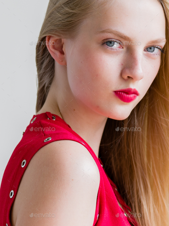 Nice Woman In Red Dress Blonde Short Hair Fashion Female Portrait Cute