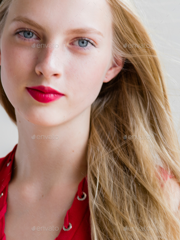 Nice Woman In Red Dress Blonde Short Hair Fashion Female Portrait Cute