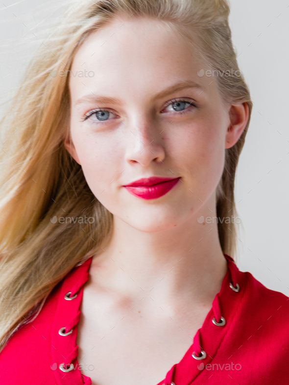 Nice Woman In Red Dress Blonde Short Hair Fashion Female Portrait Cute