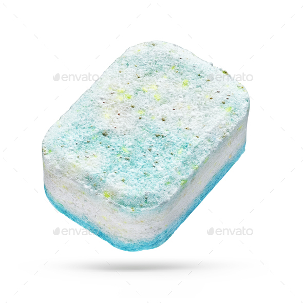 Turquoise dishwasher detergent tablet isolated on white background ...