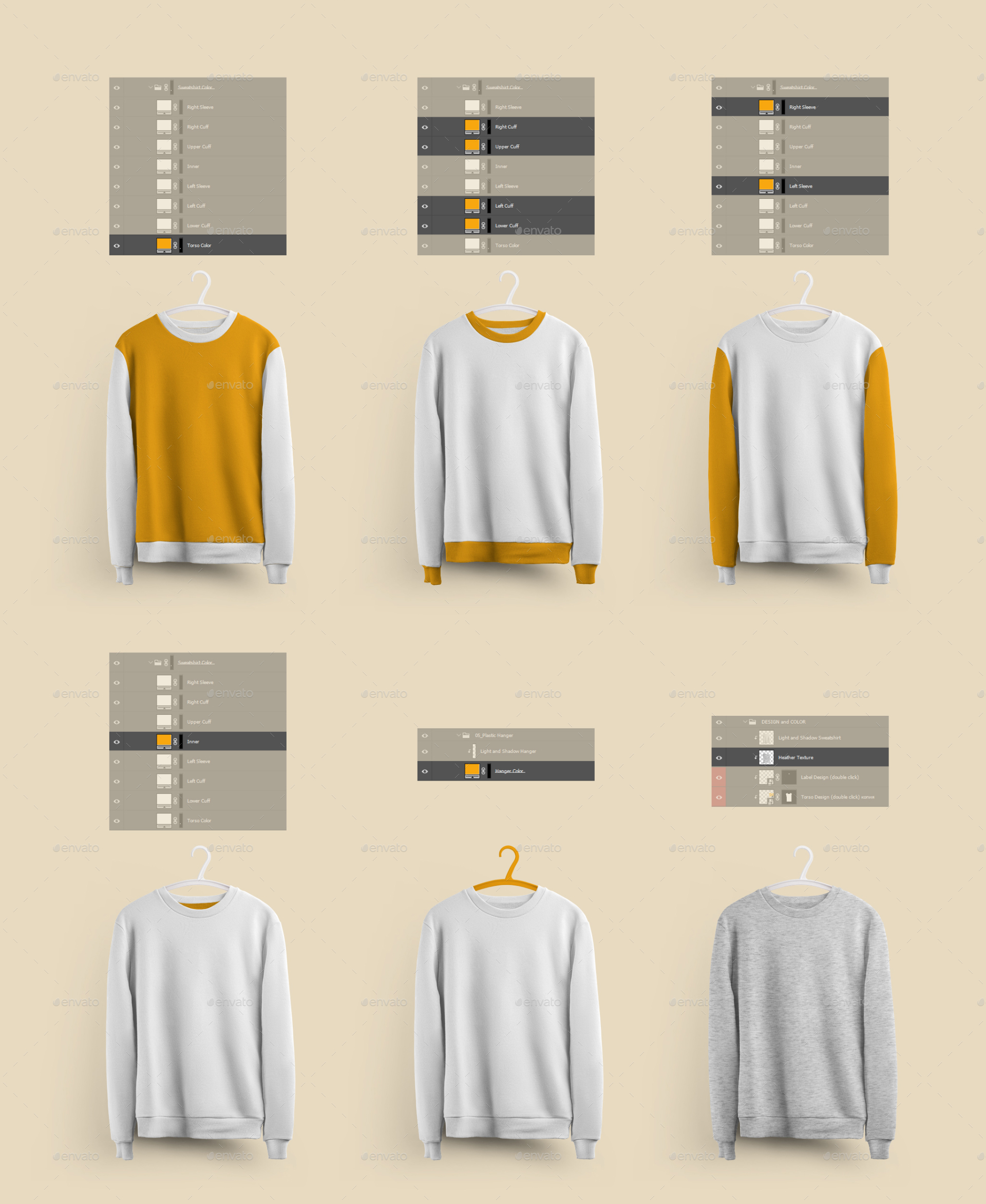 Front and Back Sweatshirt Mockup On 6 Different Hangers, Graphics ...