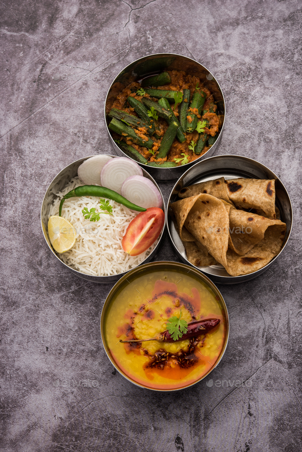 Indian Lunch box or tiffin - Spicy Ladies Finger, dal fry, rice and ...