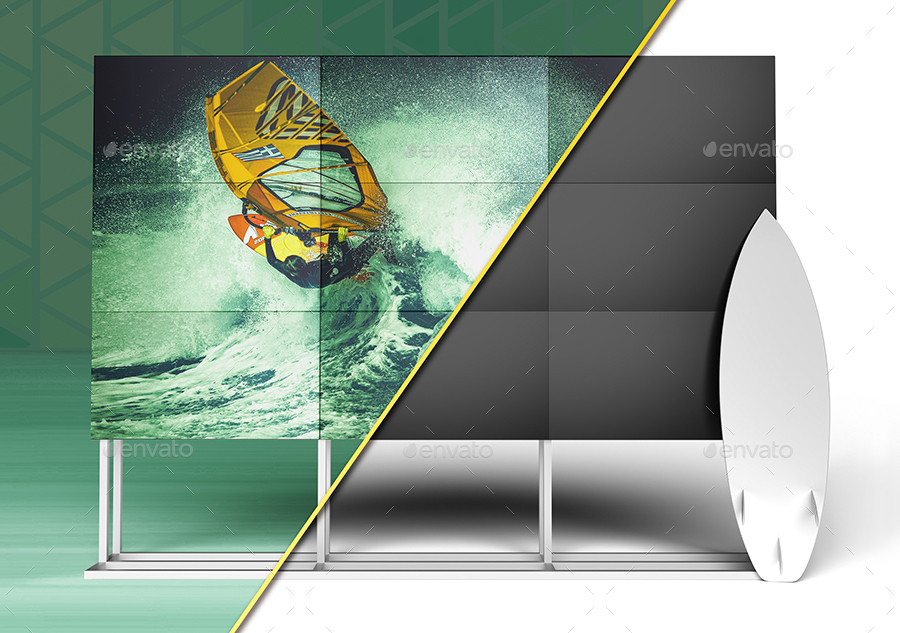 HD Display & Surfboard Mock-Up Scene with Video Enabled Screen, Graphics