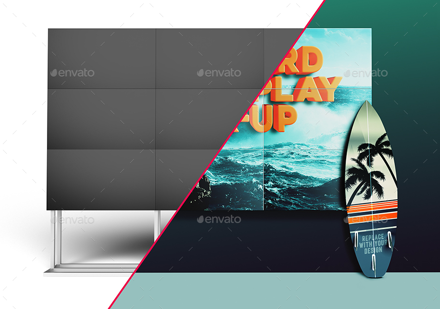 HD Display & Surfboard Mock-Up Scene with Video Enabled Screen, Graphics