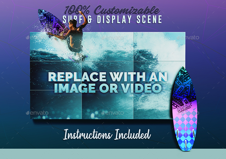 HD Display & Surfboard Mock-Up Scene with Video Enabled Screen, Graphics
