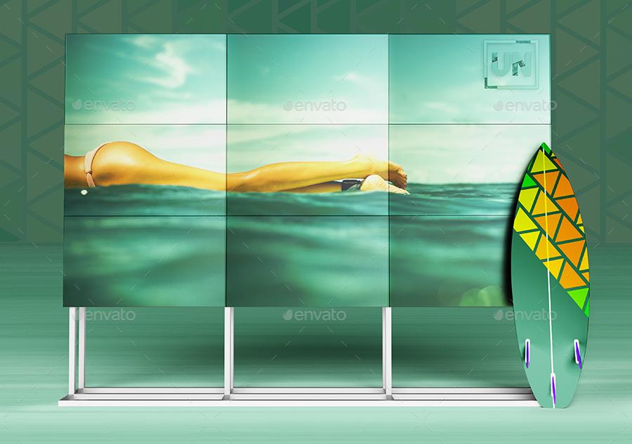 HD Display & Surfboard Mock-Up Scene with Video Enabled Screen, Graphics