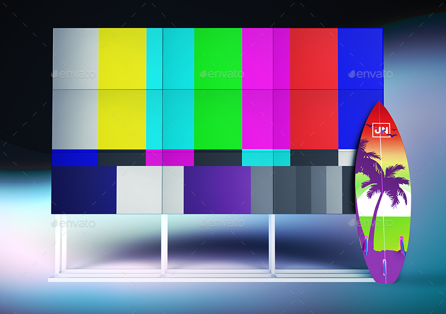 HD Display & Surfboard Mock-Up Scene with Video Enabled Screen, Graphics