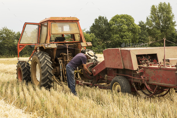 Tractor and straw baler in wheat field, farmer baling straw. Stock ...