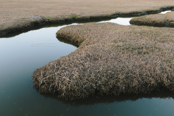 The open spaces of marshland and water channels. Flat calm water. Stock ...