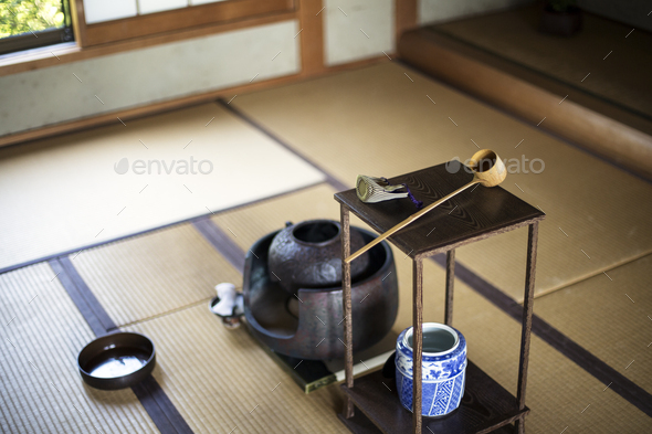 Traditional Japanese Tea Ceremony, container and small stand with a ...