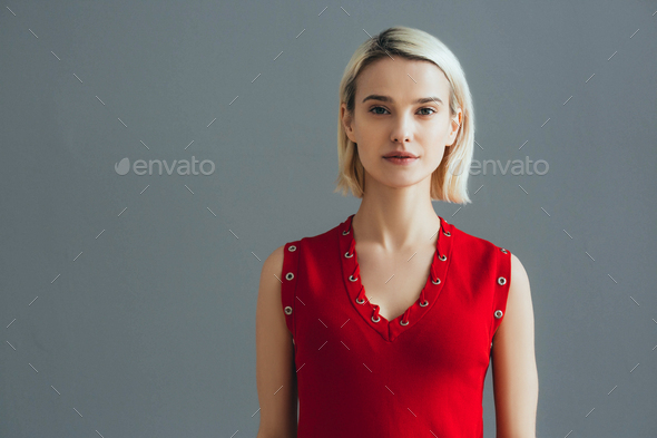 Nice Woman In Red Dress Blonde Short Hair Fashion Female Portrait Cute
