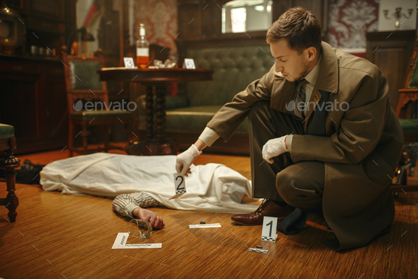 Detective in gloves looking evidence, crime scene Stock Photo by NomadSoul1