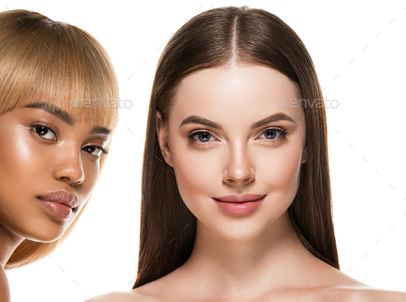 Multi-ethnic beauty two woman with dakr and white skin color female ...