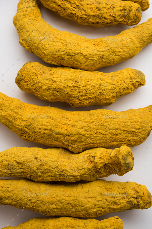 Haldi or Dried Turmeric Roots as a whole on white background Stock ...