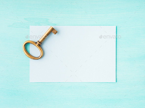 Vintage brass key and empty paper card Stock Photo by tenkende | PhotoDune