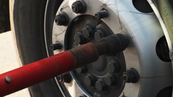 Worker Make Repair Wheels Lorry Closeup. Man Twist Screw Wrench Use ...