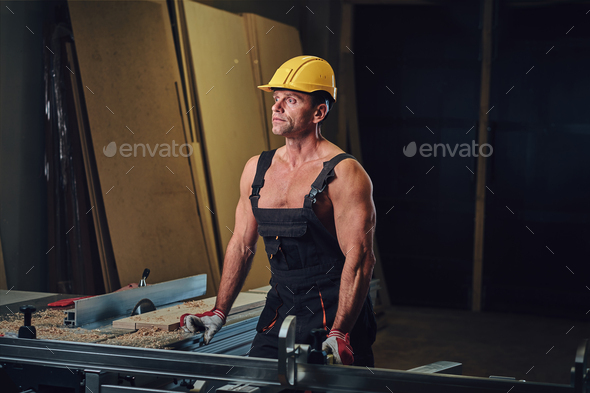 Portrait of shirtless muscular carpenter. Stock Photo by fxquadro ...