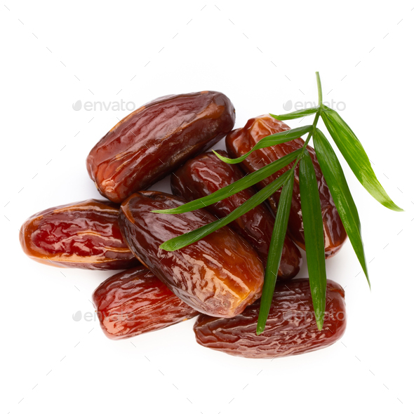 Dry dates isolated on white background. Top view. Flat lay pattern ...