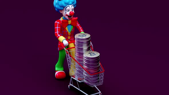 4K fun animation of a clown shopping cryptocurrency, Motion Graphics