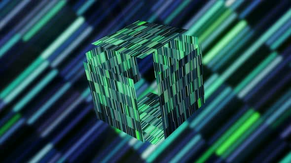 Glowing striped cube opens in computer space, Motion Graphics | VideoHive
