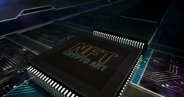 Processor factory with laser burning NFT Crypto Art symbol, Motion Graphics