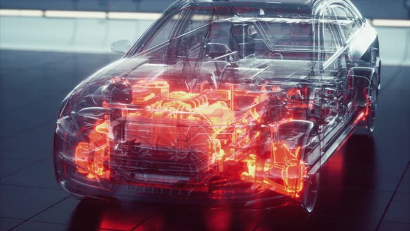 Transparent Car with Engine in Laboratory, Motion Graphics | VideoHive