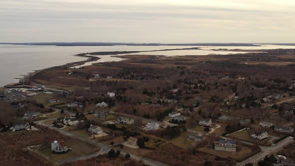 an aerial view over the eastern end of Orient Point, Long Island during ...