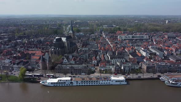 Skyline of the city Kampen in the Netherlands, Aerial, Stock Footage
