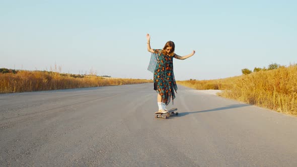 Longboarding Woman Is Walking on the Board, Tricks, , Stock Footage