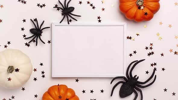Halloween stop motion of mock up flat lay of mini decorative white and ...