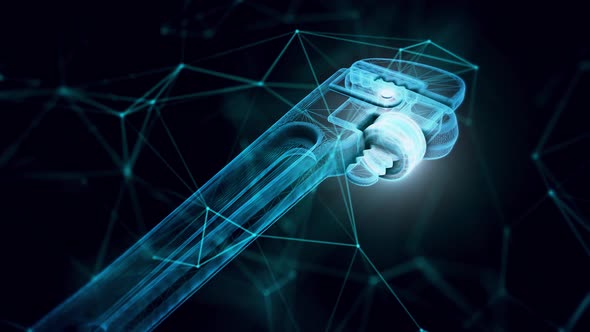 Blue Digital Cyber Pipe Wrench Hologram Close Up 4k, Motion Graphics