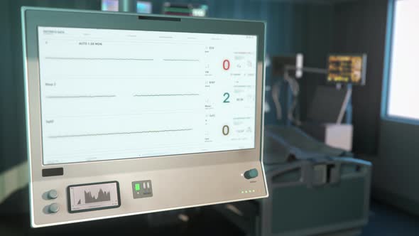 Showing a pulse flatline on a cardiac monitoring device at health care ...