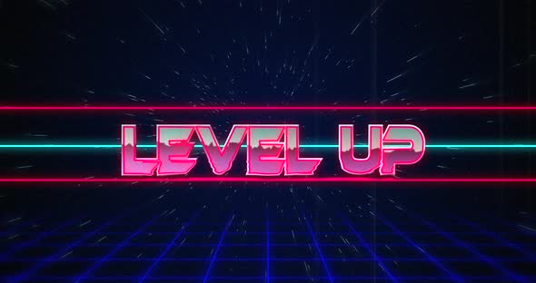 Retro Level Up text glitching over blue and red lines 4k, Motion Graphics