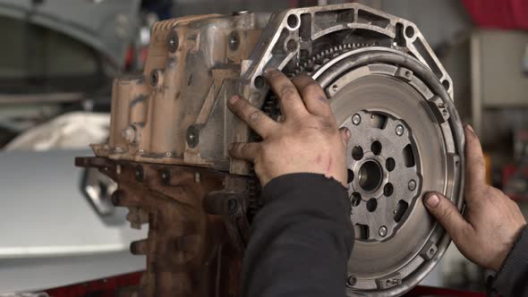 Flywheel Is Mounted To The Repaired Car Engine 4, Stock Footage | VideoHive