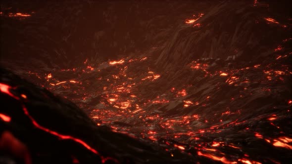 Red Orange Vibrant Molten Lava Flowing Onto Grey Lavafield and Glossy ...