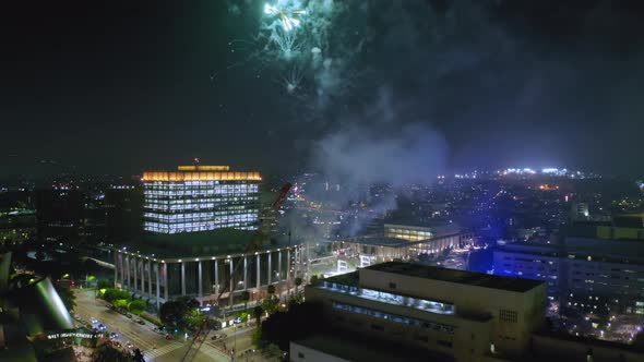 Fireworks in Los Angeles Downtown, Over the Night Panoramic View of the ...